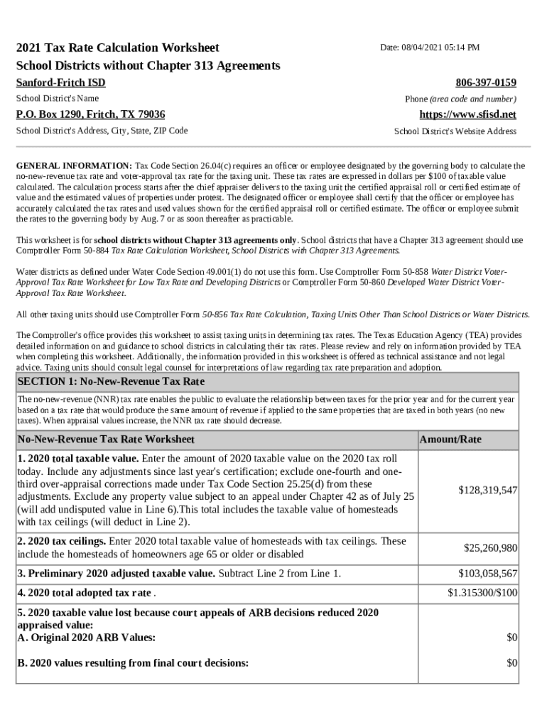 Fillable Online 020 Tax Rate Calculation Worksheet - chool Districts ...