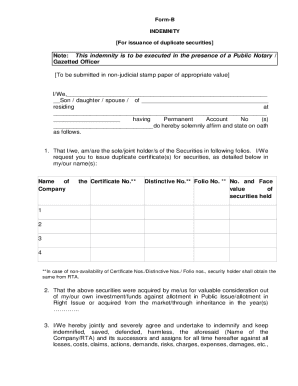 Fillable Online Form-B INDEMNITY For issuance of duplicate securities ...
