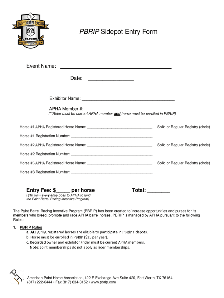 Fillable Online PBRIP Sidepot Entry FormAPHA Fax Email Print - pdfFiller