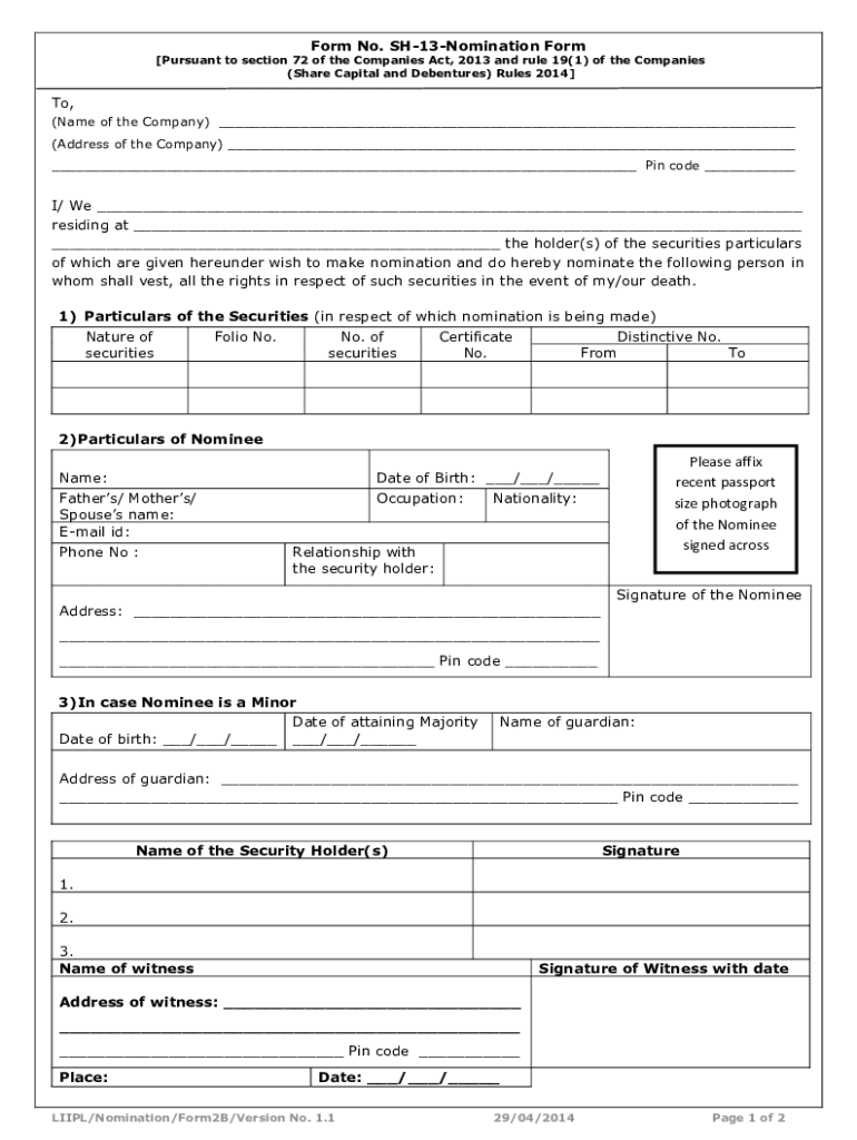 Fillable Online Form No. SH-13 NOMINATION FORM Pursuant to section ... Fax Email Print - pdfFiller