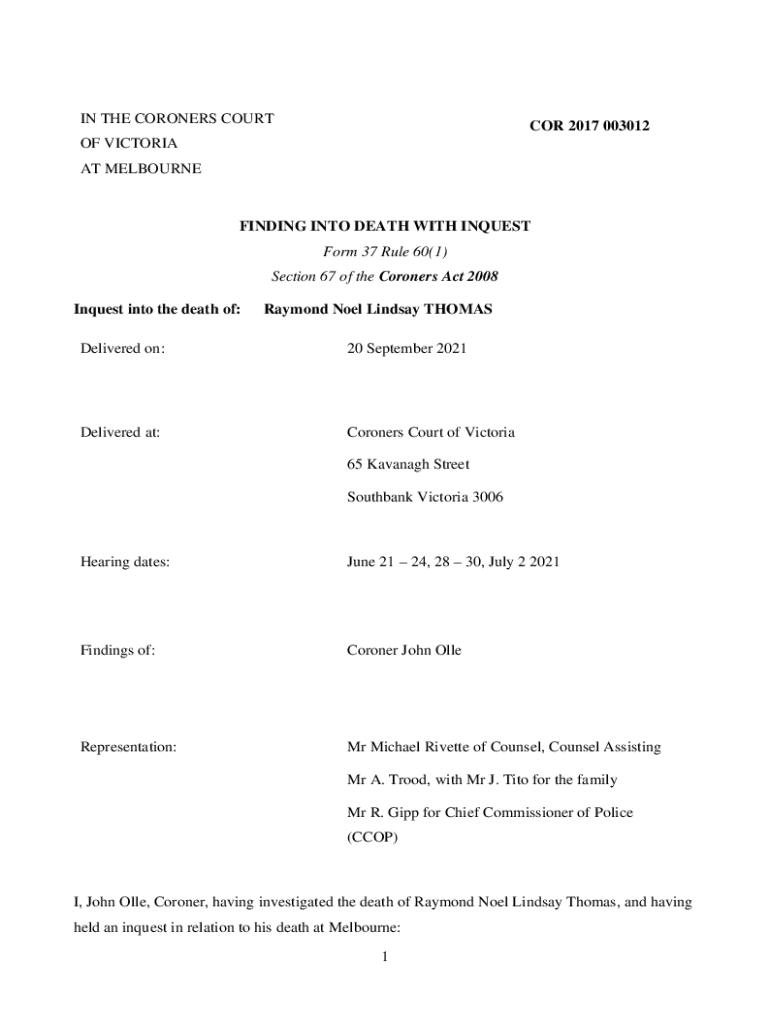 Fillable Online THOMAS -Form 37-Finding into Death with Inquest Fax ...