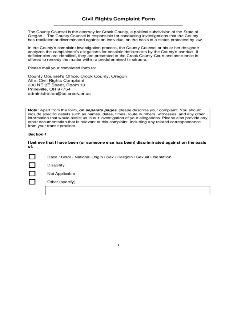 Fillable Online co crook or Civil Rights Complaint Form - Crook County ...