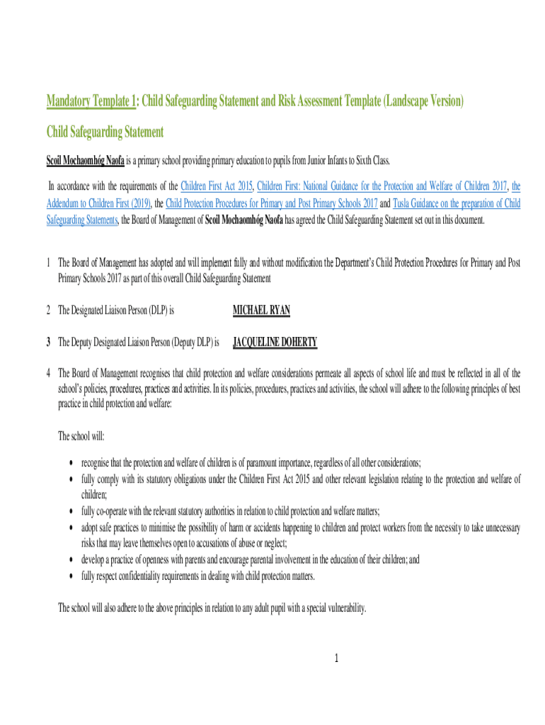 Fillable Online Mandatory Template 1: Child Safeguarding Risk ...