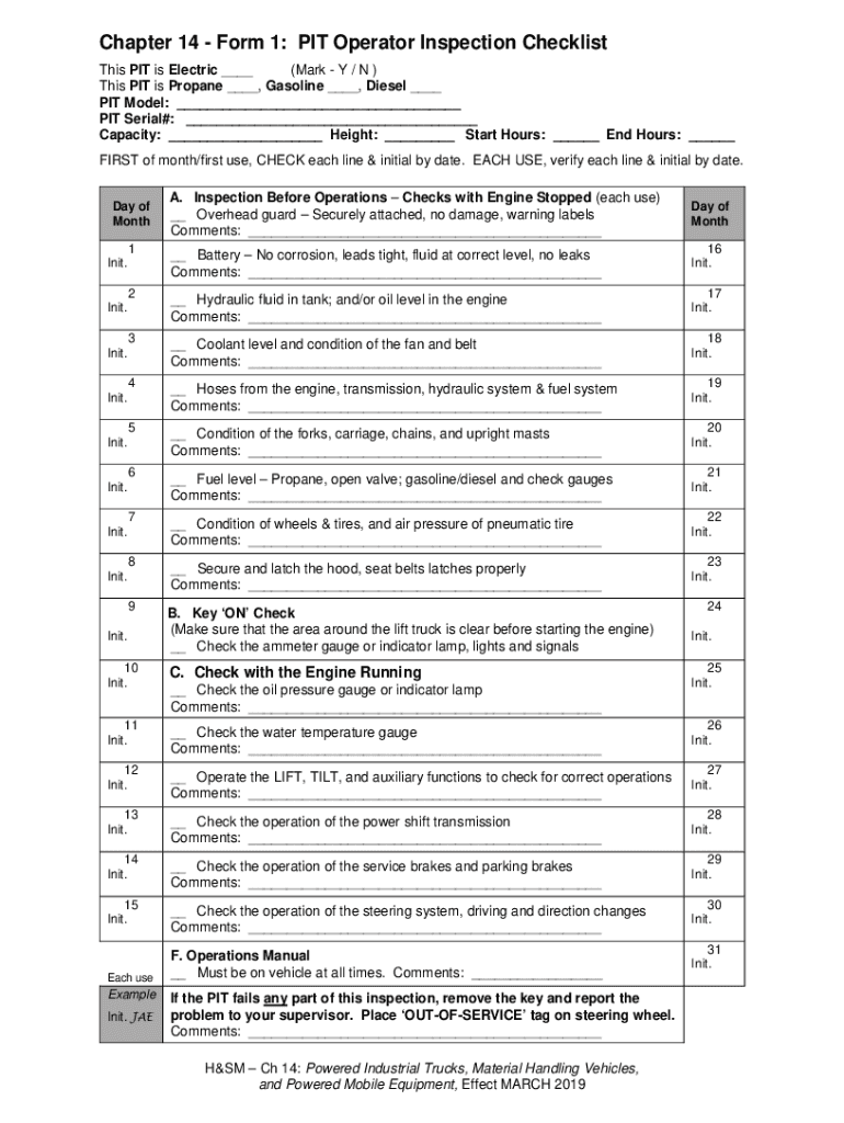 Fillable Online Chapter 14 - Form 1: PIT Operator Inspection Checklist ...