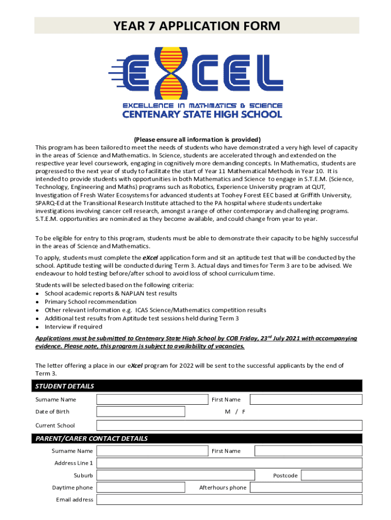 Fillable Online centenaryshs eq edu YEAR 7 APPLICATION FORM Fax Email ...