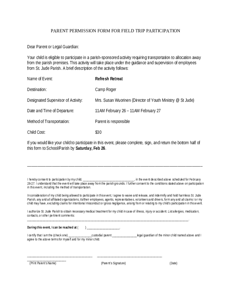 Parent Permission For Field Trip Participation - Jotpro Doc Template ...