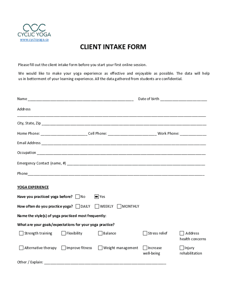 Fillable Online Yoga Intake Form - Fill Out and Sign Printable PDF ...
