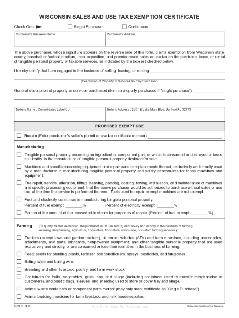 Fillable Online WisconsinTax Exemption Certificate Form S-211. FCCLA ...