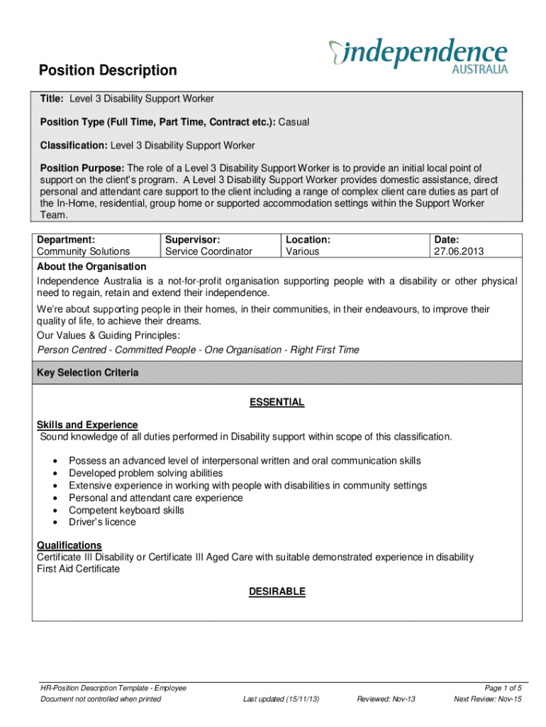 Fillable Online Position Description Template-Employee - Care Careers ...