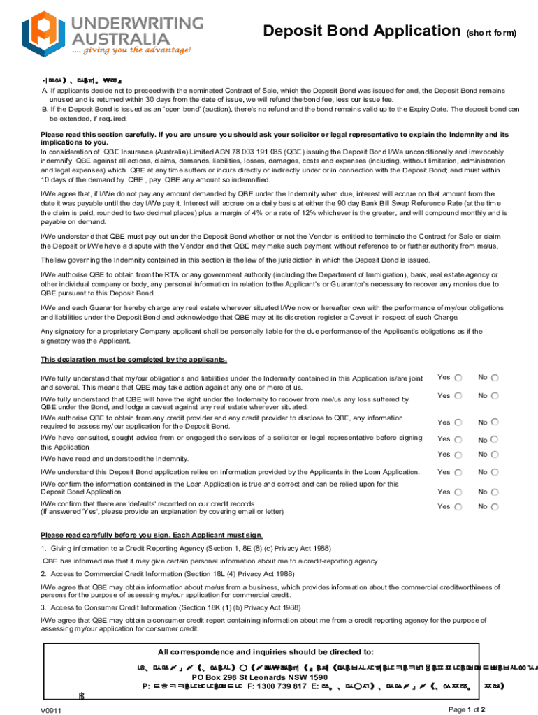 Fillable Online Deposit Bond Application (short form) - Underwriting Australia Fax Email Print ...