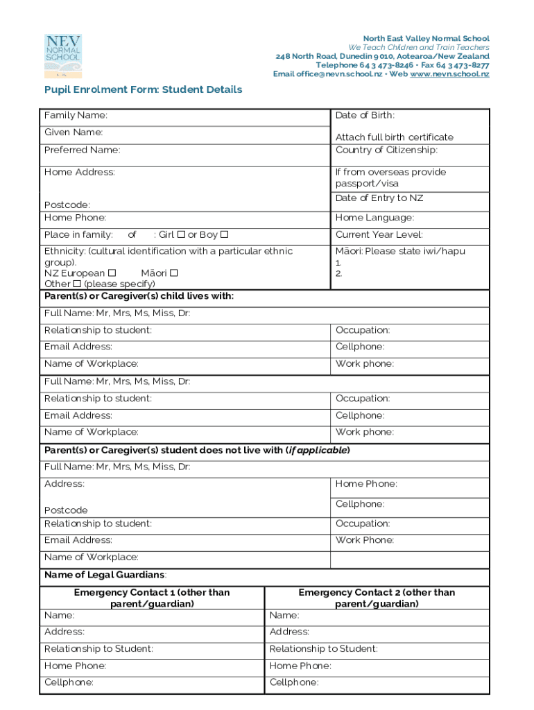 Fillable Online Pupil Enrolment Form - North East Valley Normal School ...