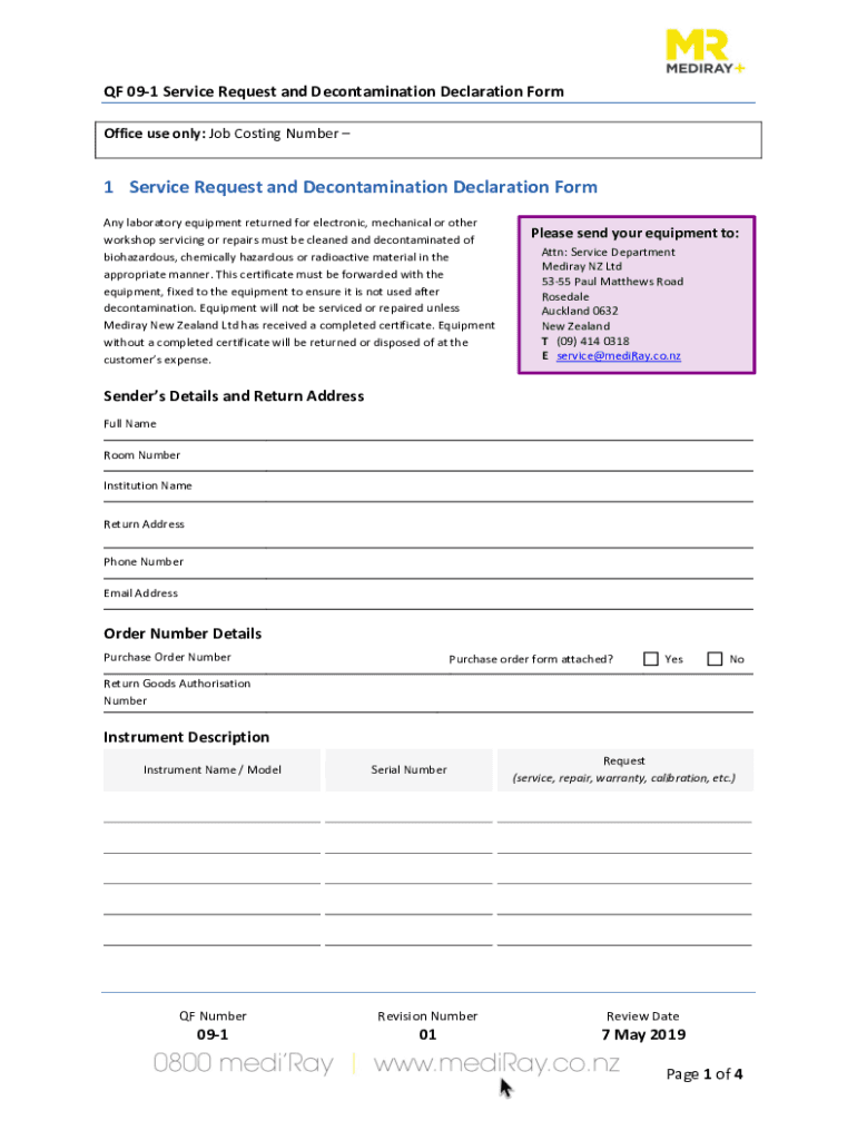Fillable Online 1 Service Request and Decontamination Declaration Form ...