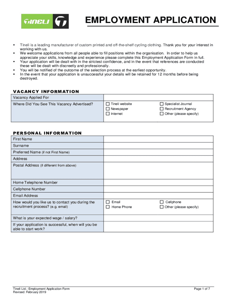 Fillable Online Employment Application Form - Tineli Fax Email Print ...