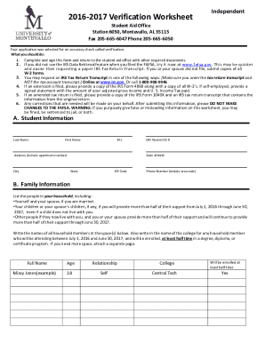 Fillable Online 2016-2017 Verification Worksheet - University of Montevallo Fax Email Print ...