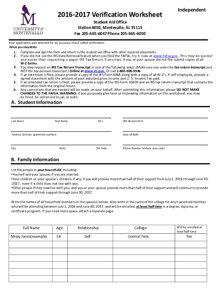 Fillable Online 2016-2017 Verification Worksheet - University of Montevallo Fax Email Print ...