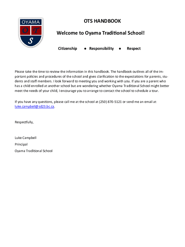 Fillable Online OTS HANDBOOK Welcome to Oyama Traditional School! Fax ...