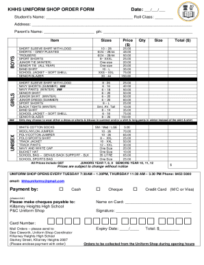 Fillable Online Fillable Online uniform shop order form - Killarney ...