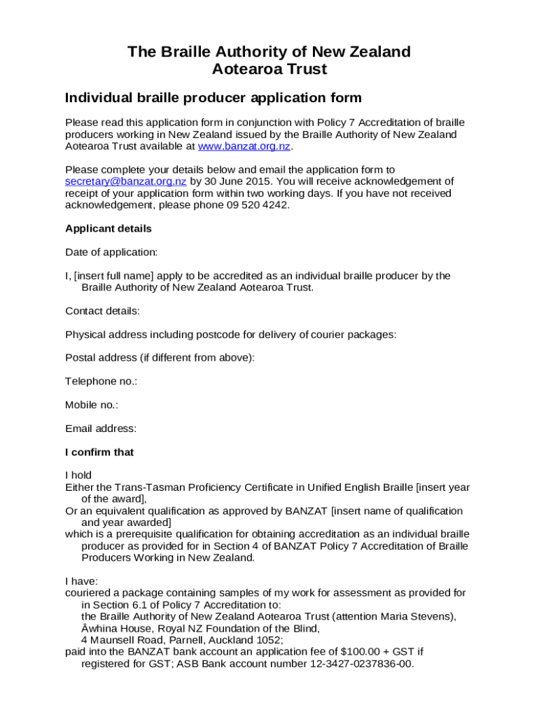 Individual braille producer application Doc Template | pdfFiller