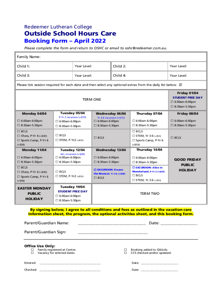 Fillable Online Outside School Hours Care - Brisbane Chinese School Fax ...