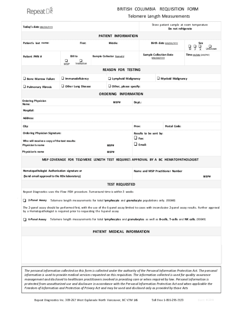 Fillable Online BRITISH COLUMBIA REQUISITION FORM Telomere Length ...