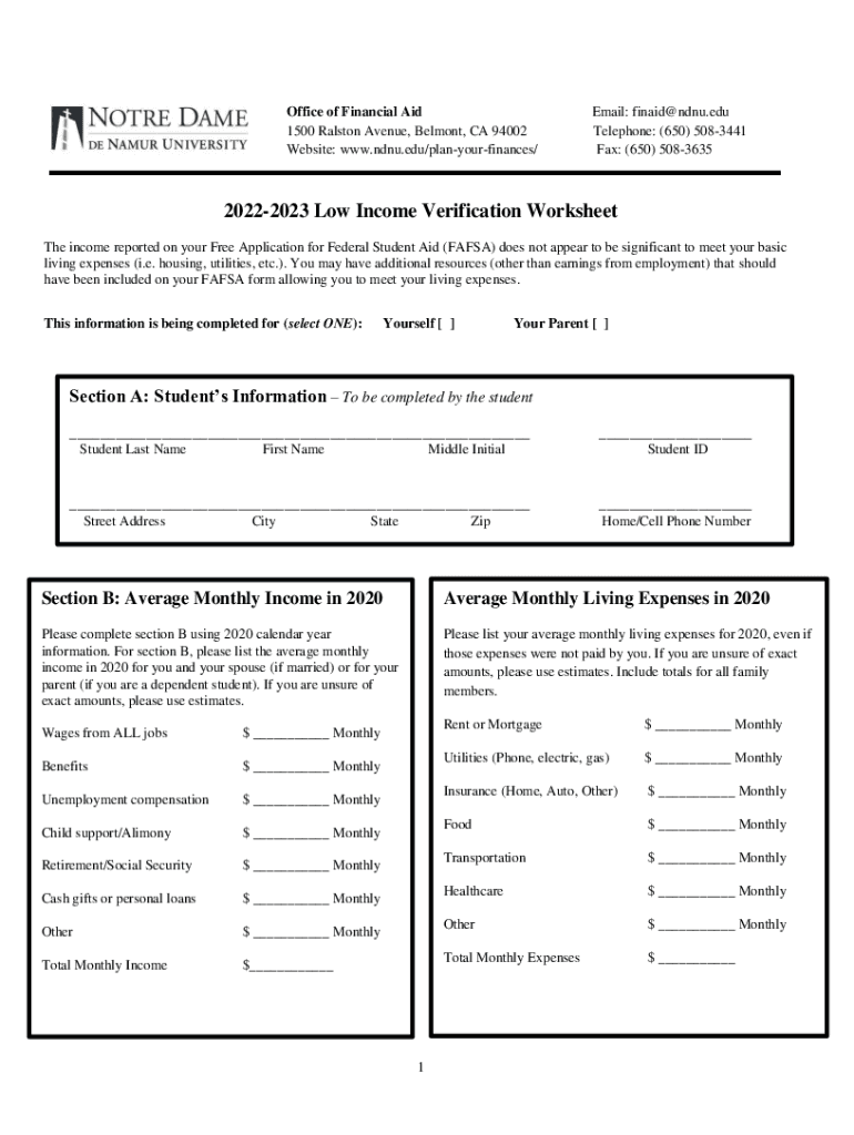 Fillable Online 2022-2023 Low Income Verification Worksheet Fax Email ...