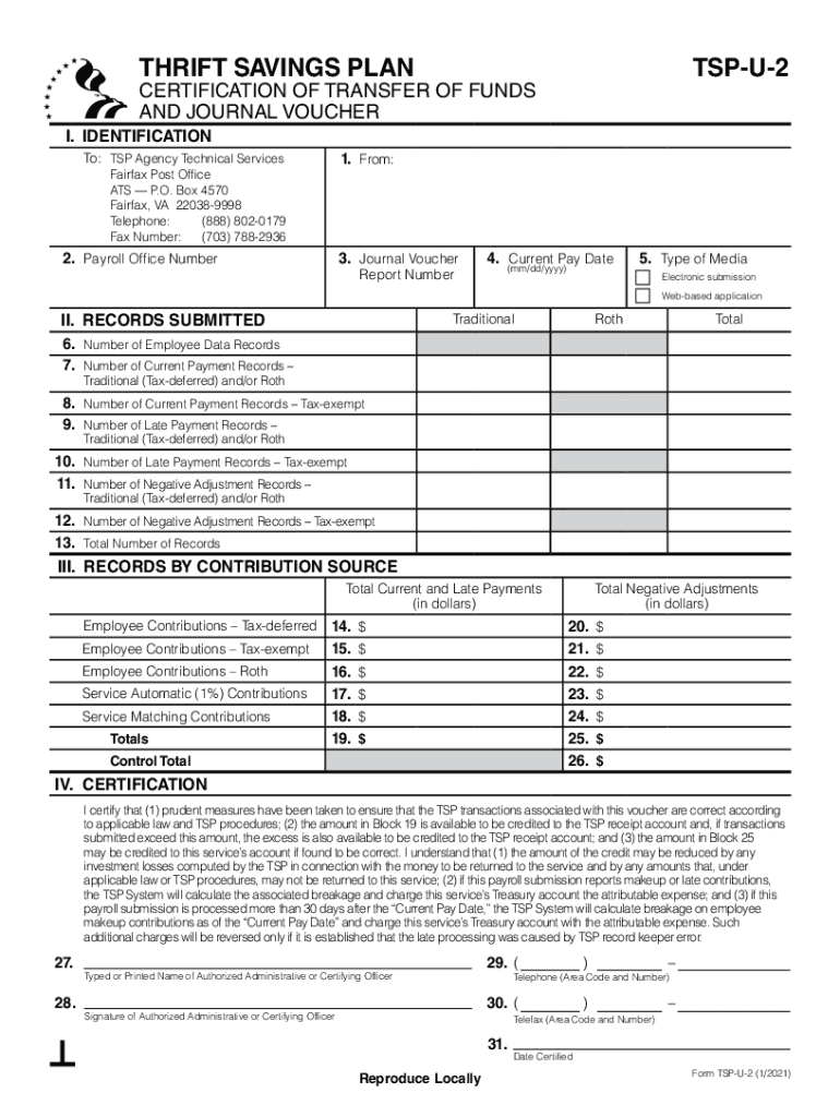 Fillable Online Form TSP-U-2, Certification of Transfer of Funds and ...