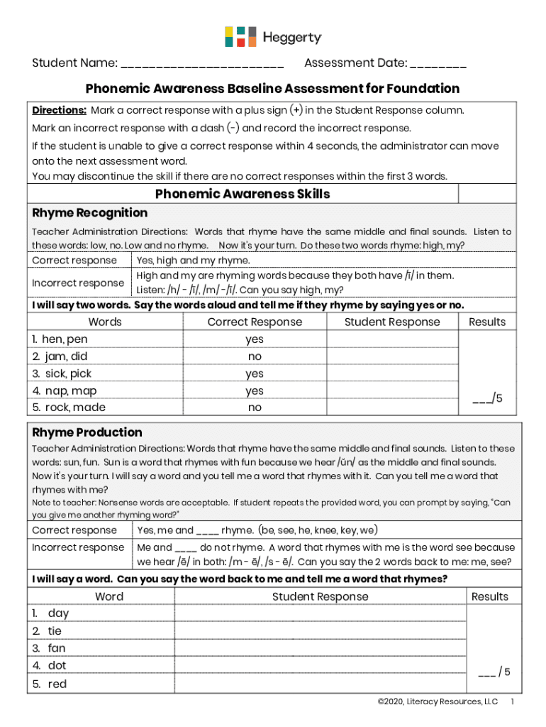 Fillable Online Phonemic Awareness Baseline Assessment for Foundation ...