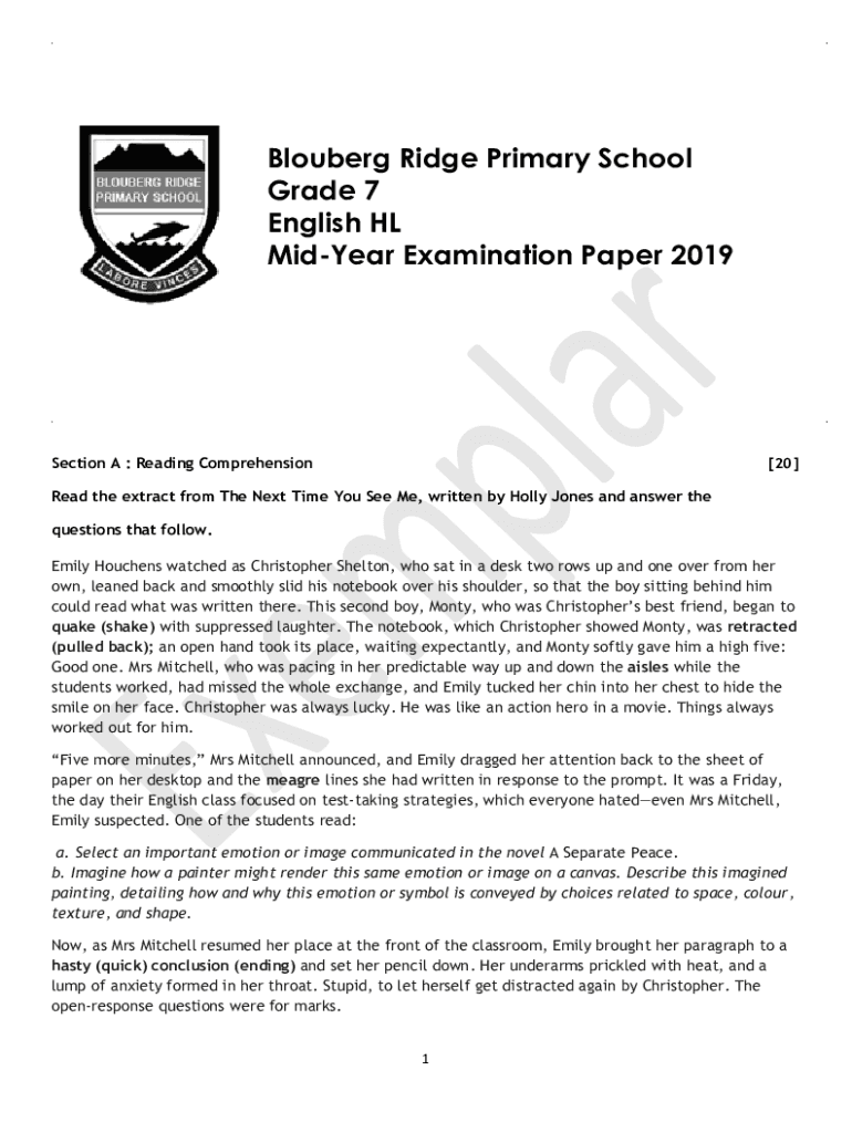 Fillable Online Blouberg Ridge Primary School Grade 7 English HL Final ...