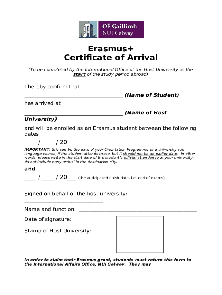 Erasmus+ Certificate of Arrival - University of Galway Doc Template ...