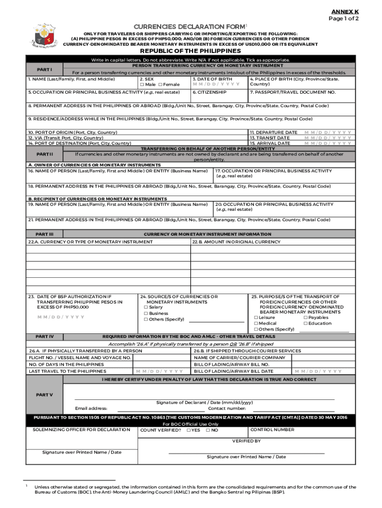 Fillable Online currencies declaration form1 - the Philippines Fax Email Print - pdfFiller