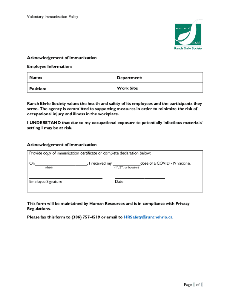 Fillable Online Voluntary Immunization Policy Page 1 of 1 ...