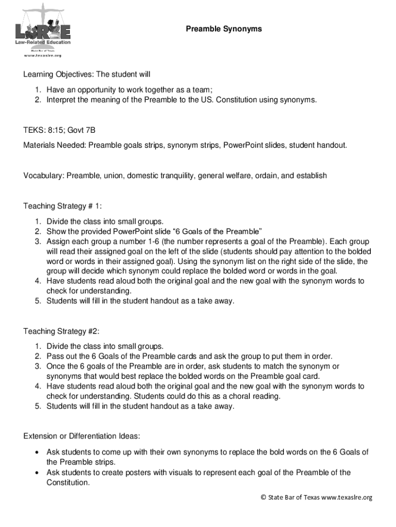 Fillable Online The Preamble to the Constitution: A Close Reading ...
