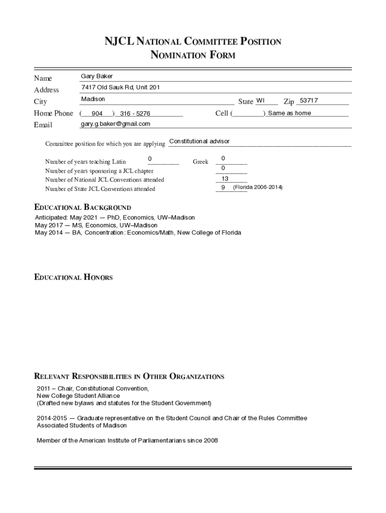 Fillable Online njcl national committee position nomination form Fax ...