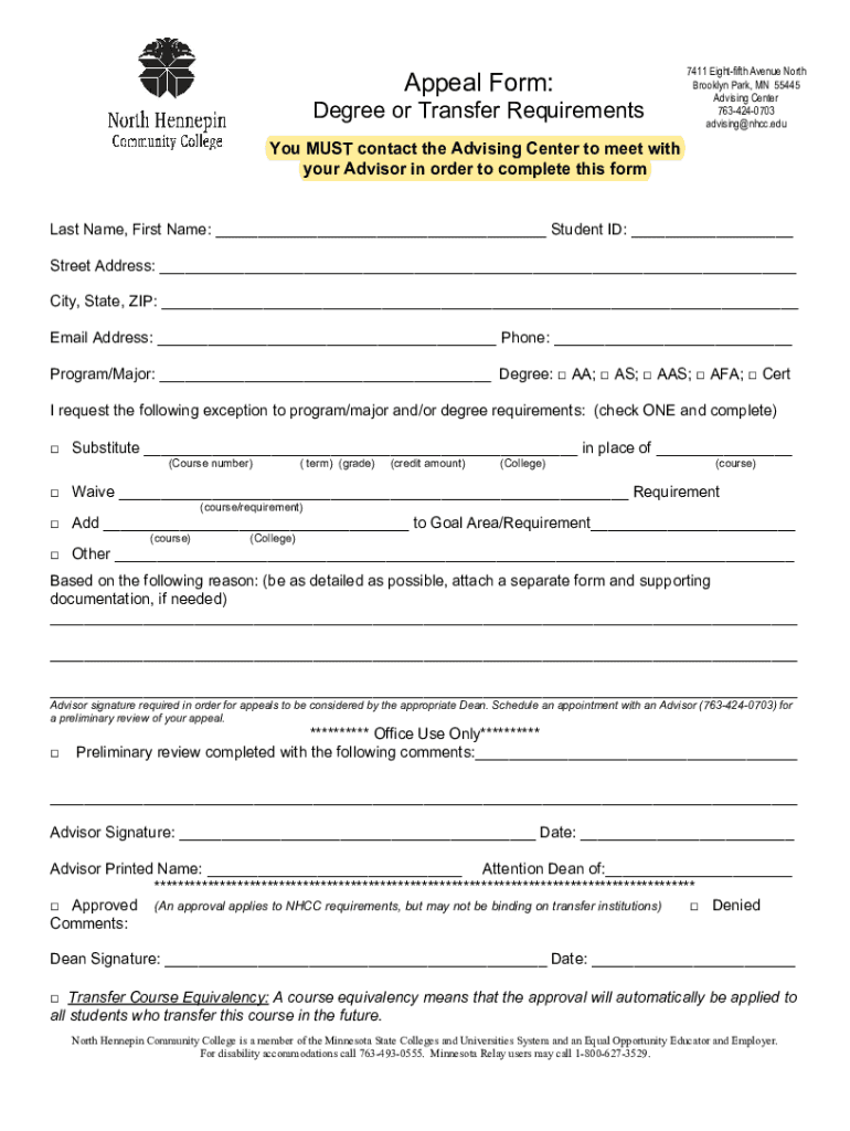Fillable Online Fillable Online Appeal Form Degree or Transfer Requirements Fax Email Print ...