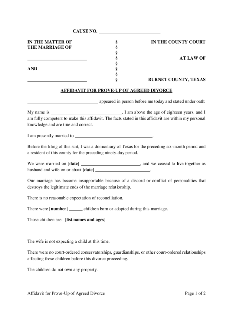 Fillable Online Affidavit for Prove-Up of Agreed Divorce Page 1 of 2 ...