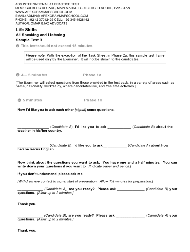 Fillable Online AGS Pakistan, A1 Test in Pakistan, Gulberg 2 Lahore ...