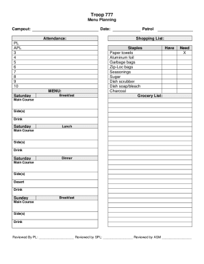 Fillable Online Patrol Menu Planning WorksheetTroop 150 Fax Email Print ...