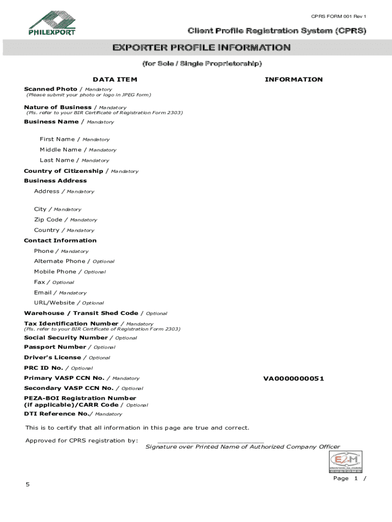 Fillable Online CPRS Form - Sole ProprietorshipPDFNotary Public ...
