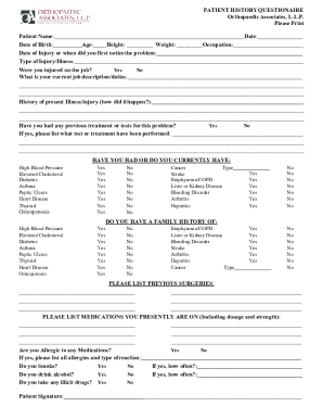 Fillable Online PATIENT HISTORY QUESTIONAIRE Orthopaedic Associates ...