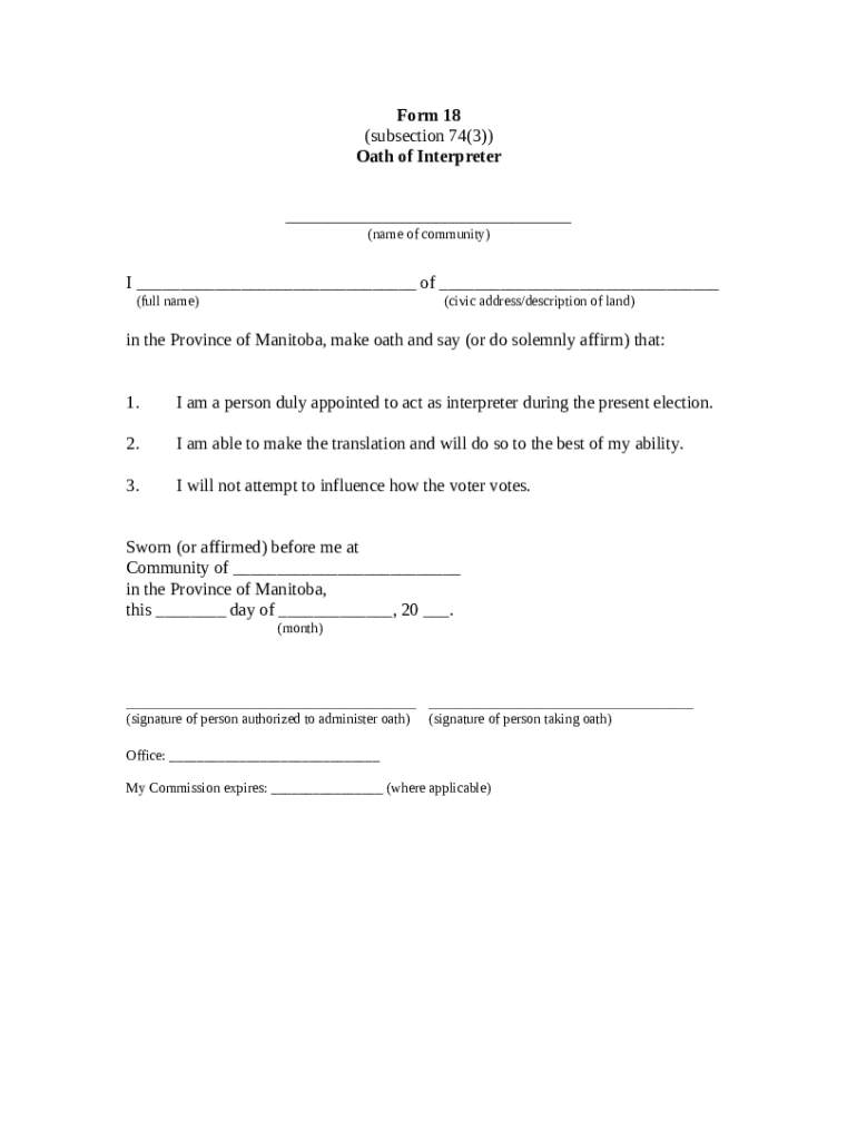 18 (subsection 74(3)) Oath of Interpreter - Residents Doc Template | pdfFiller