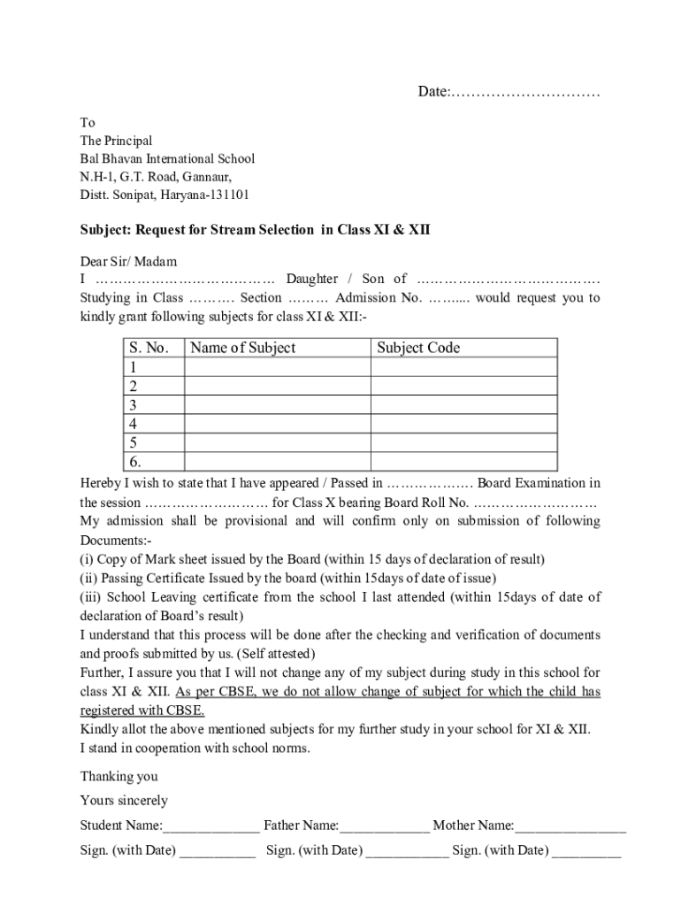 Fillable Online Subject: Request for Stream Selection in Class XI & XII ...