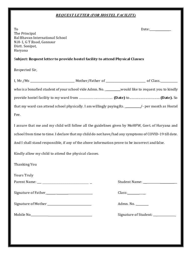 Fillable Online Application for Hostel Allotment: Format and Sample ...