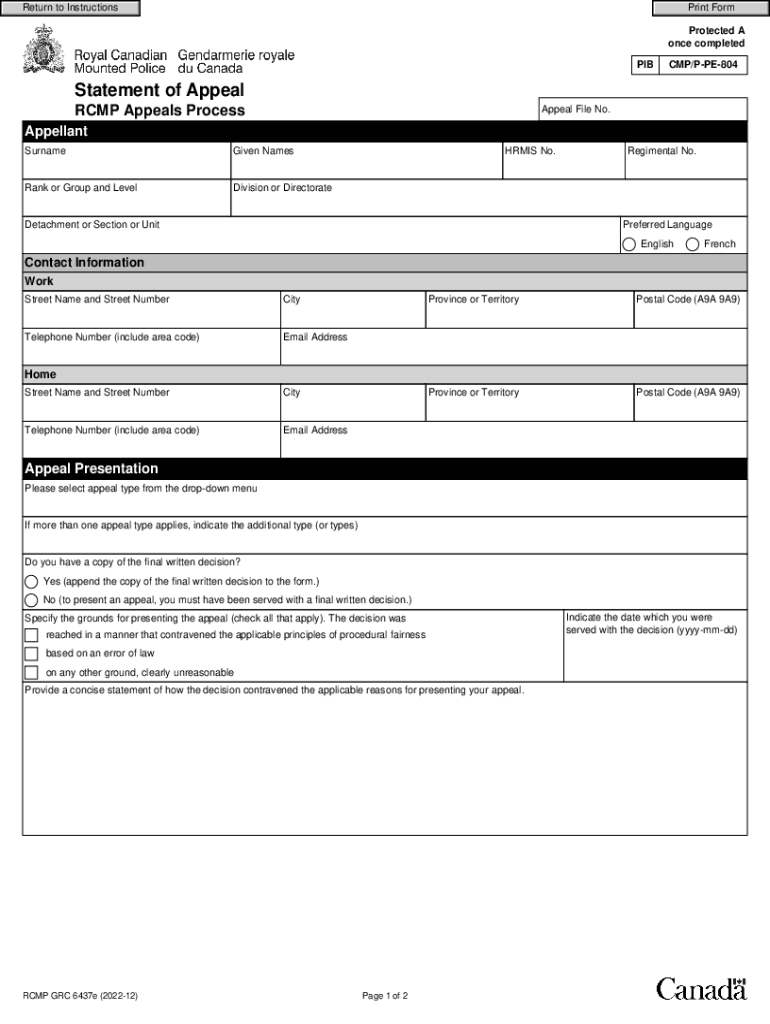 Fillable Online RCMP GRC 6437e. Statement of Appeal Fax Email Print ...