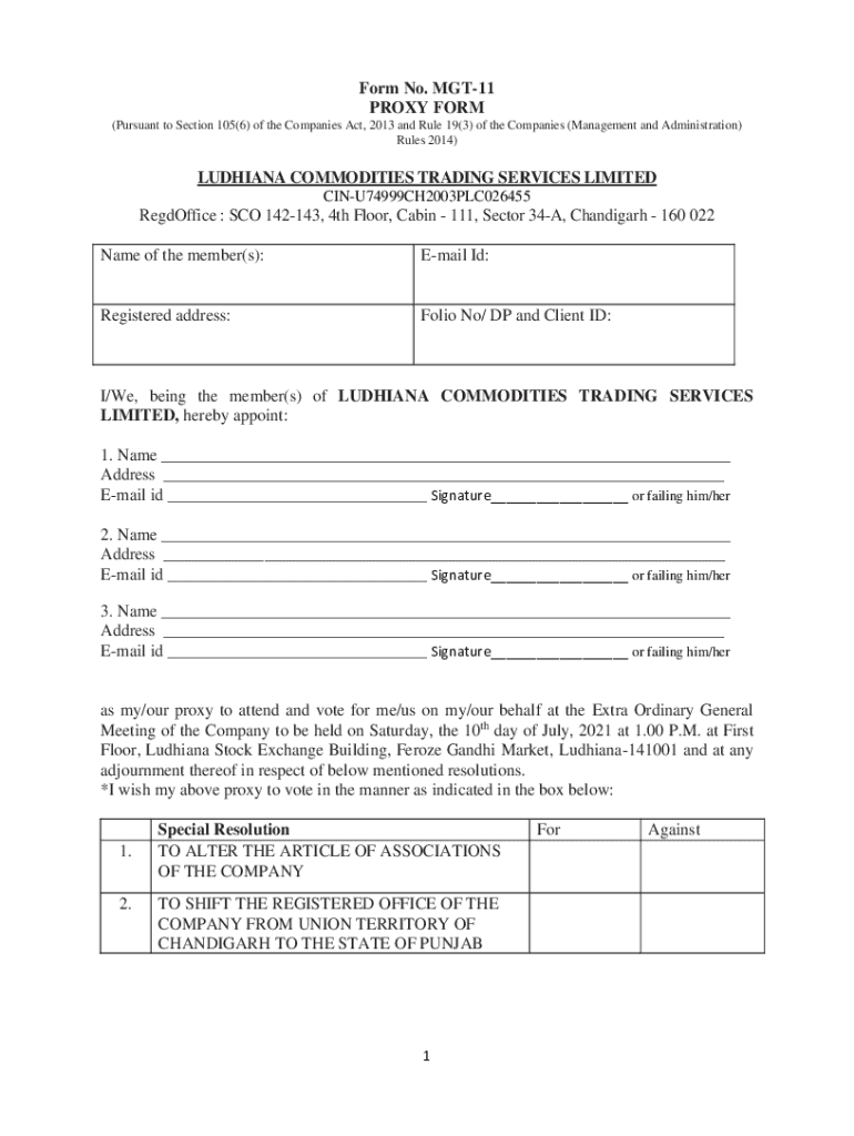 Fillable Online Form No. MGT-11 PROXY FORM - Ludhiana Commodities Fax ...
