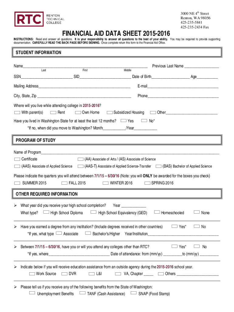 Fillable Online RTC Data Sheet 15-16 Fax Email Print - pdfFiller