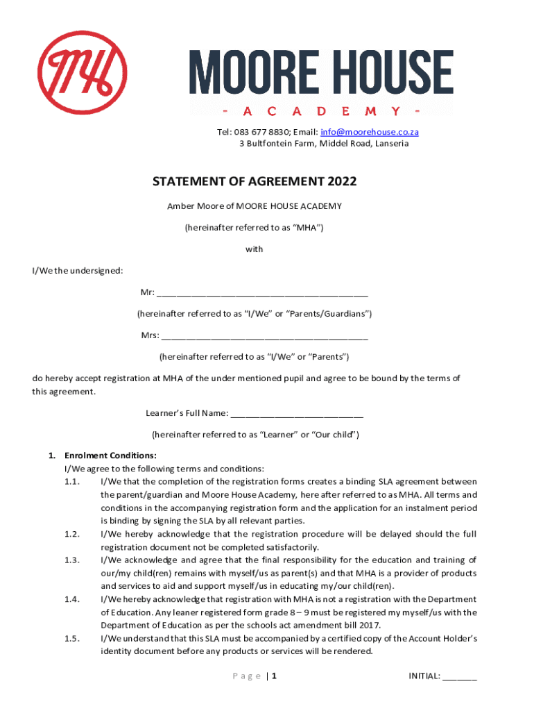 Fillable Online STATEMENT OF AGREEMENT 2022 - Moore House Academy Fax ...
