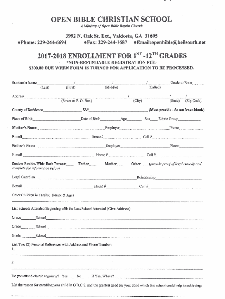 Fillable Online Admissions - Valdosta - Open Bible Christian School Fax ...