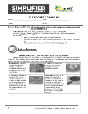Fillable Online TLE COOKERY 7&8 MELC LESSON 1 LO 1 Utilize ...