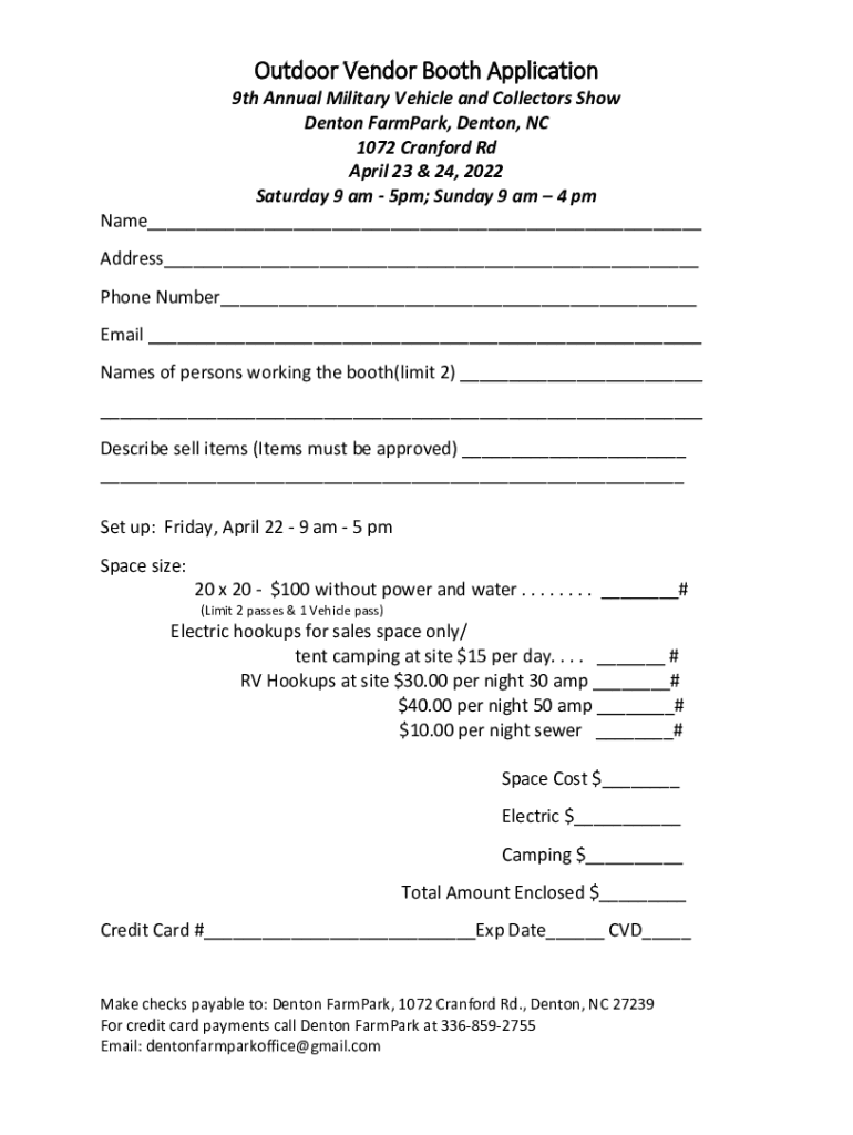 Fillable Online Outdoor Vendor Booth Application - Denton Farmpark Fax ...