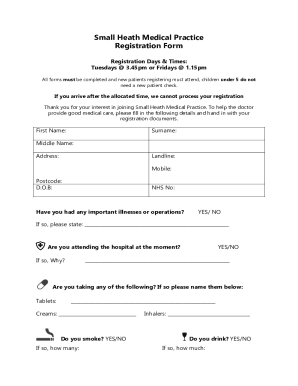 Fillable Online Small Heath Medical Practice Registration Form Fax ...